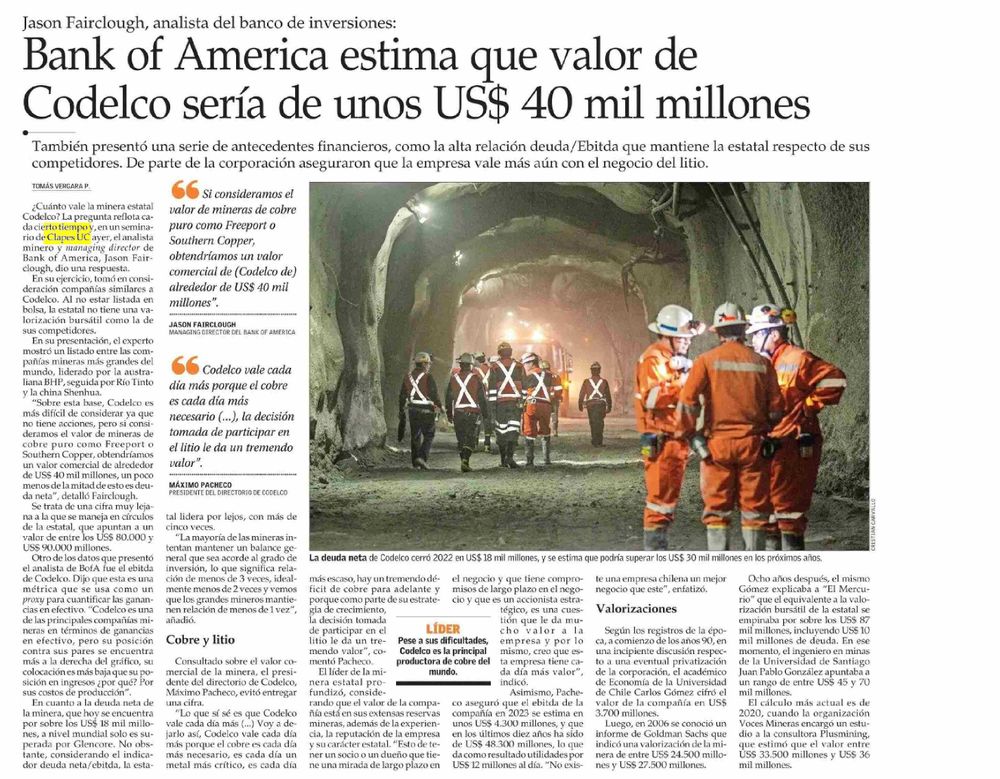 Clapes UC | Bank of America estima que valor de Codelco sería de unos US$ 40 mil millones
